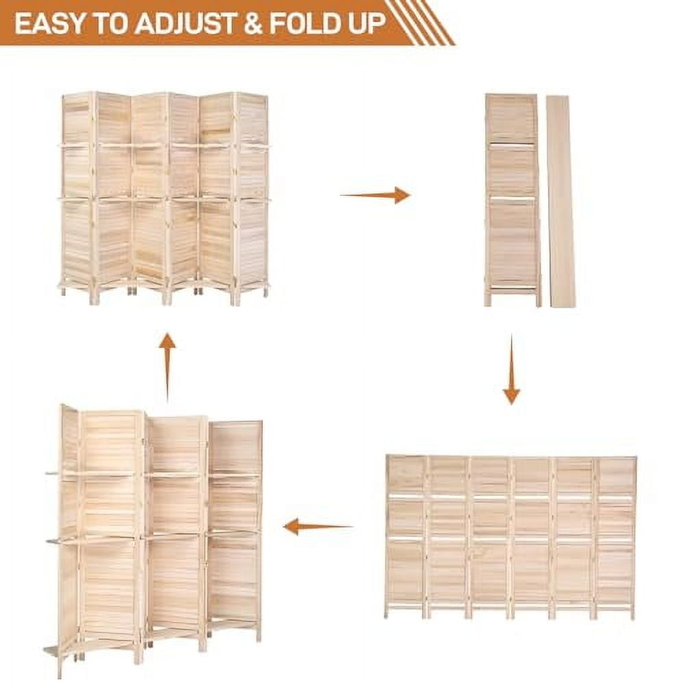 Bonnlo 6 Panels Wood Room Divider with Shelves, 6 FT Height Folding ...