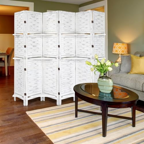 Bonnlo 6 Panels Wood Room Divider with Shelves, 6 FT Height Folding ...