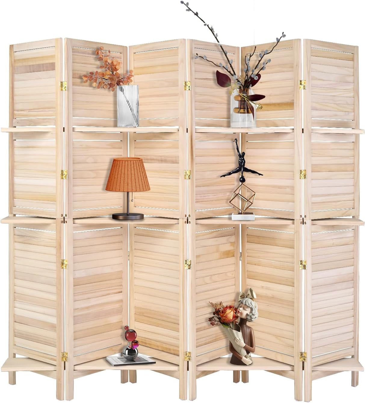 Bonnlo 6 Panels Wood Room Divider with Shelves, 6 FT Height Folding ...