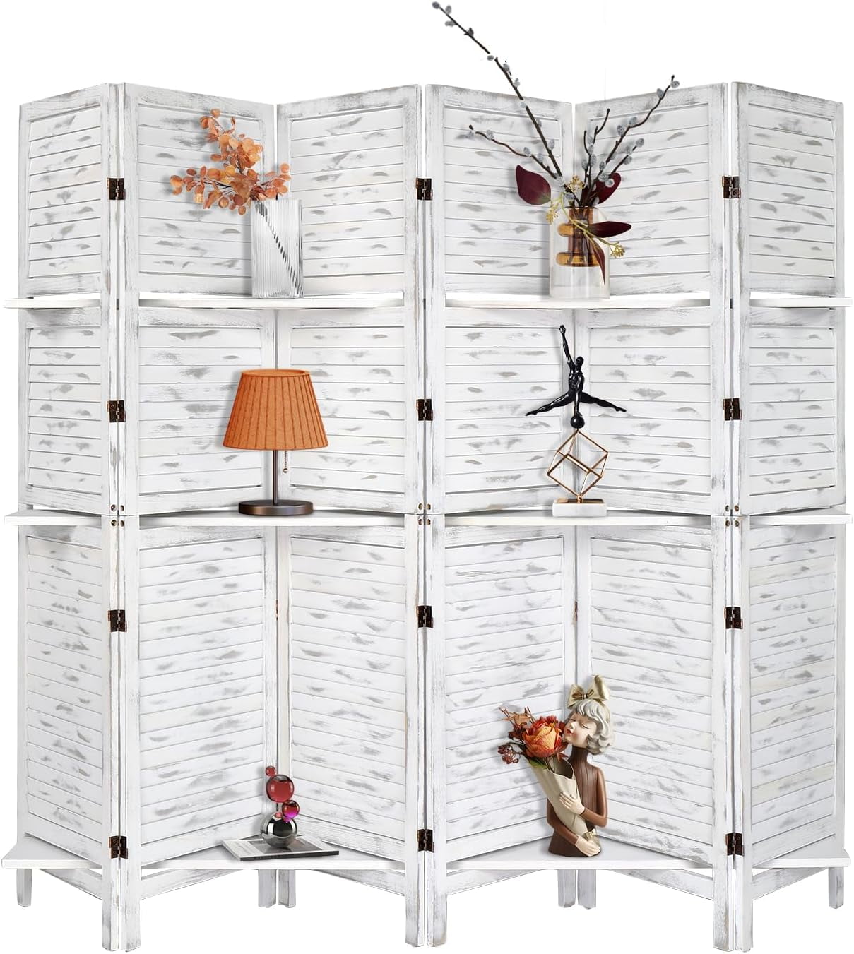 Bonnlo 6 Panels Wood Room Divider with Shelves, 6 FT Height Folding ...