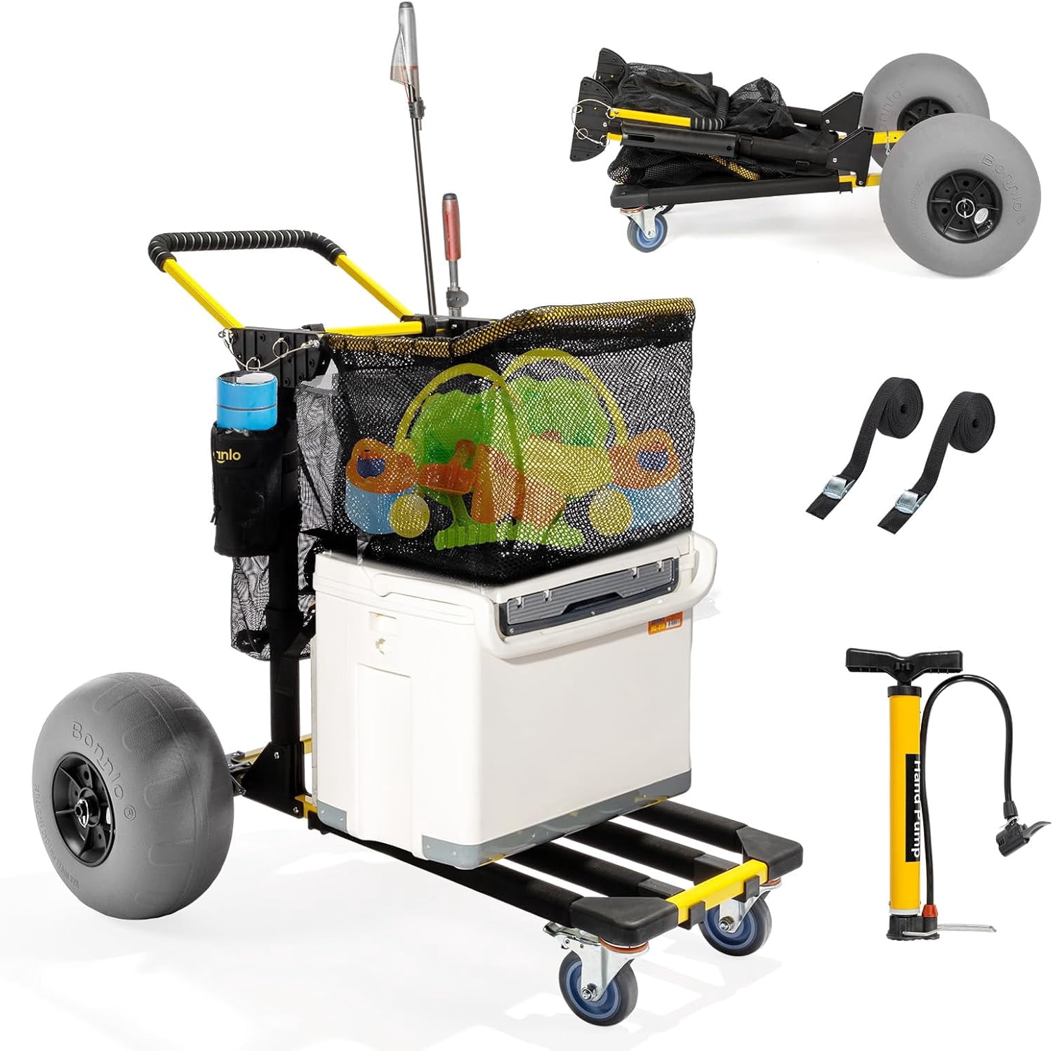 Bonnlo Beach Cart with 12" Big Balloon Wheels for Sand, Foldable 2-in-1 ...