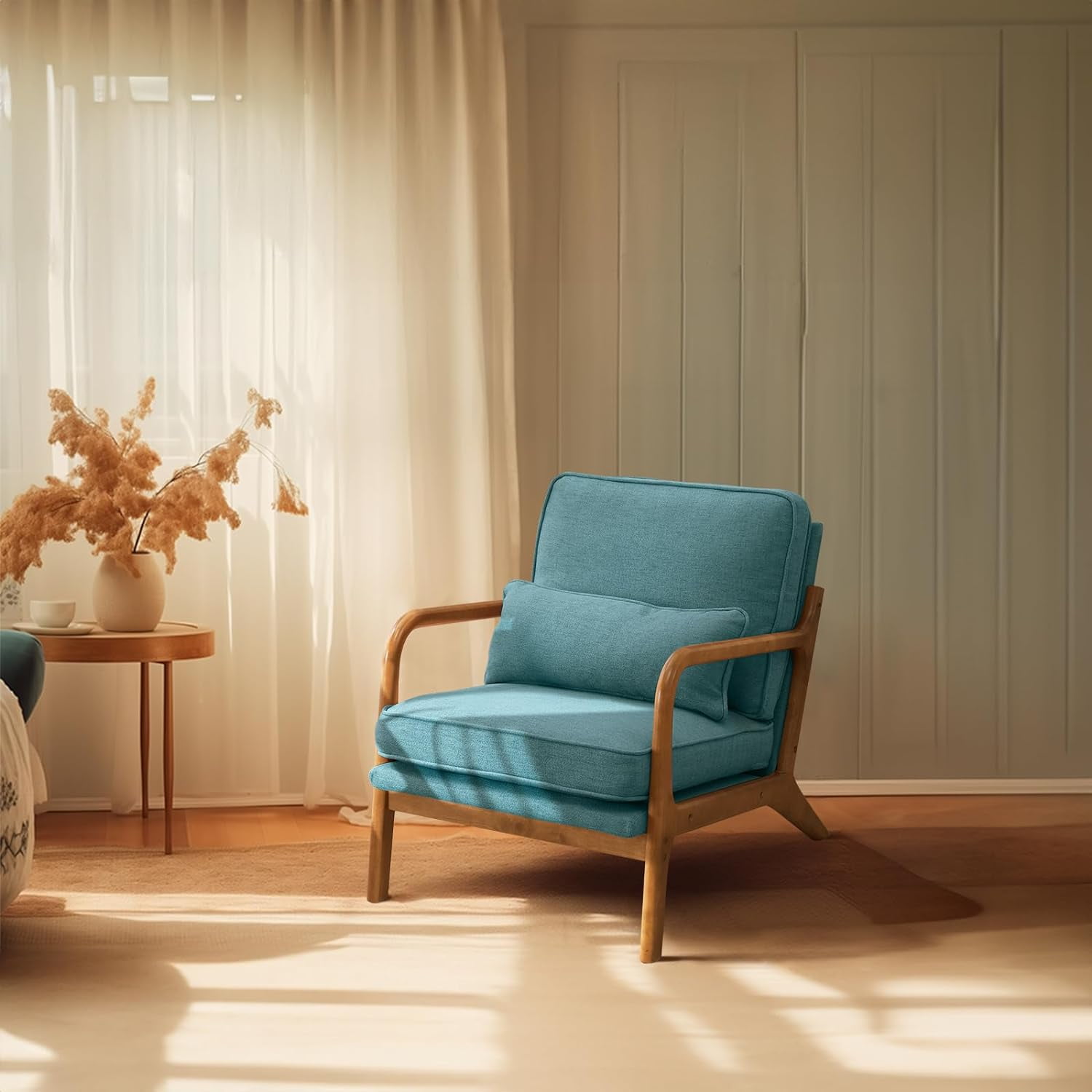 Bonnlo LinenTeal Mid Century Modern Accent Chair, Soild Wood Padding ...