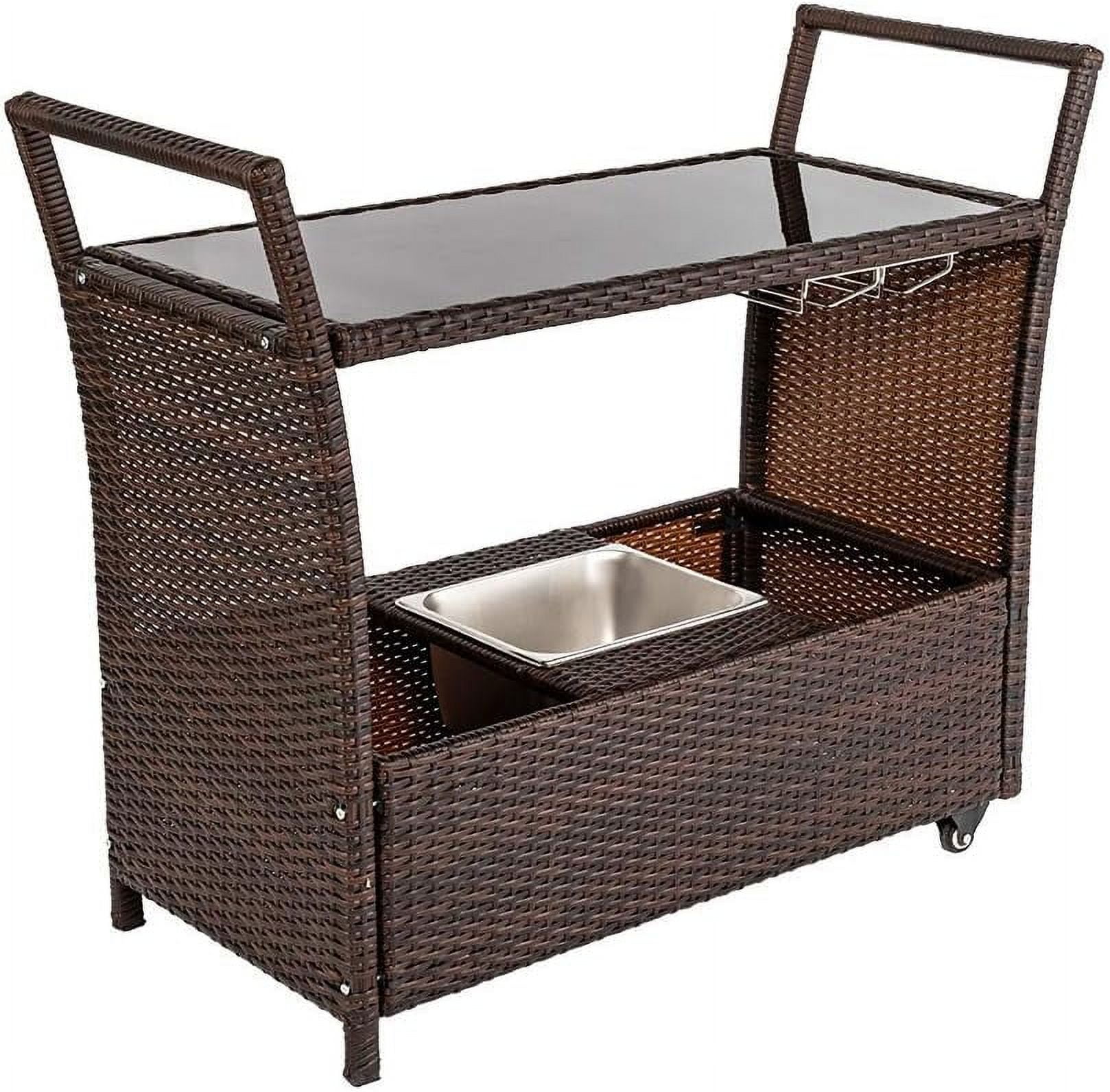 Bonnlo Wicker Outdoor Bar Cart with Wheels and Ice Bucket, Outdoor Bar ...