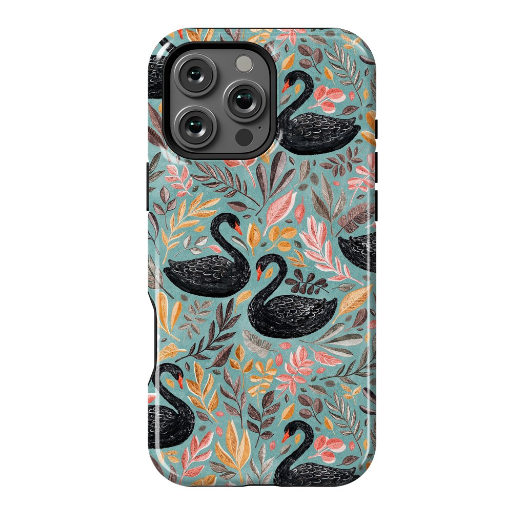 Bonny Black Swans With Autumn Leaves On Sage Themed Tough Case for ...