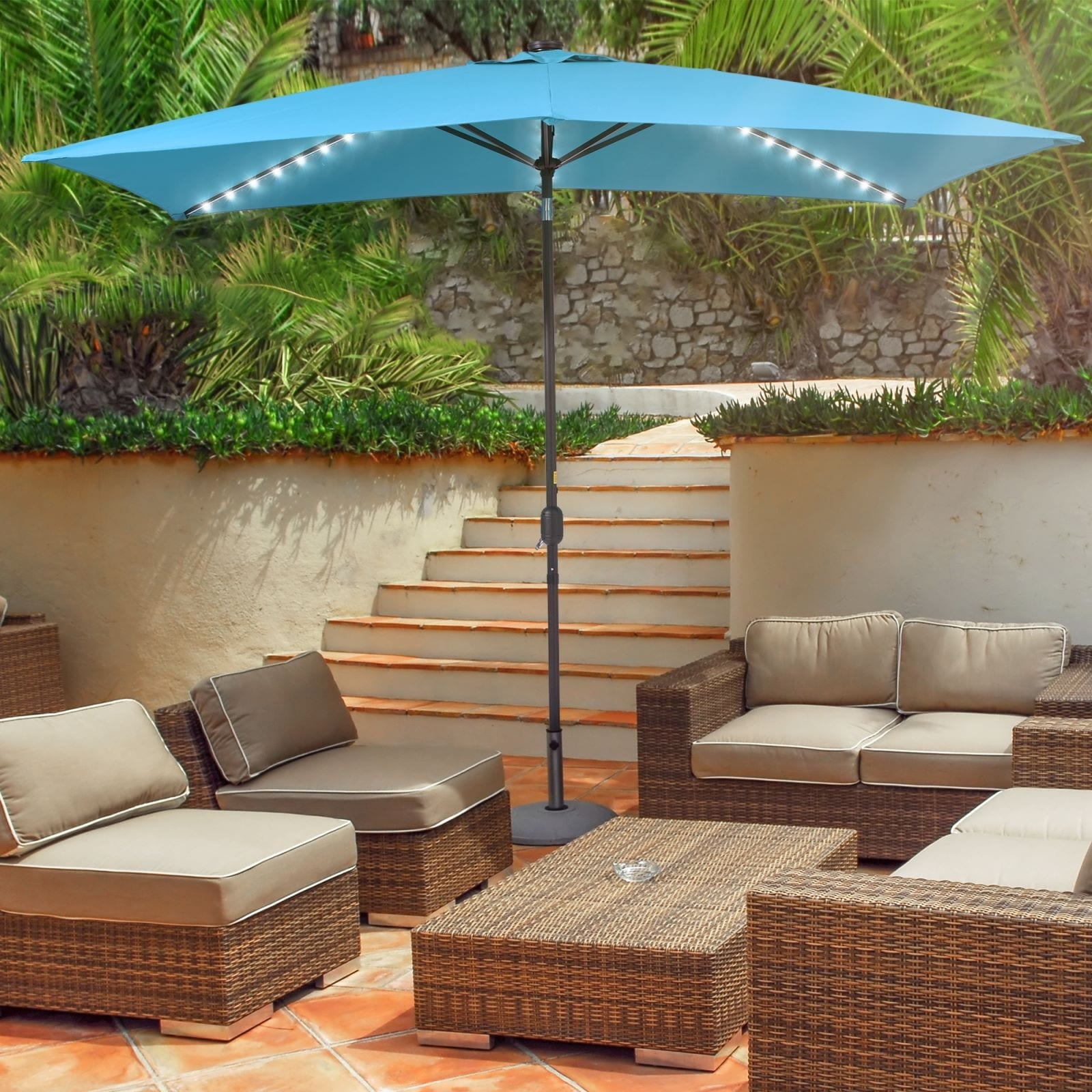 Bonosuki 10 x 7ft Solar Patio Umbrella 54 LEDs with Tilt and Crank ...
