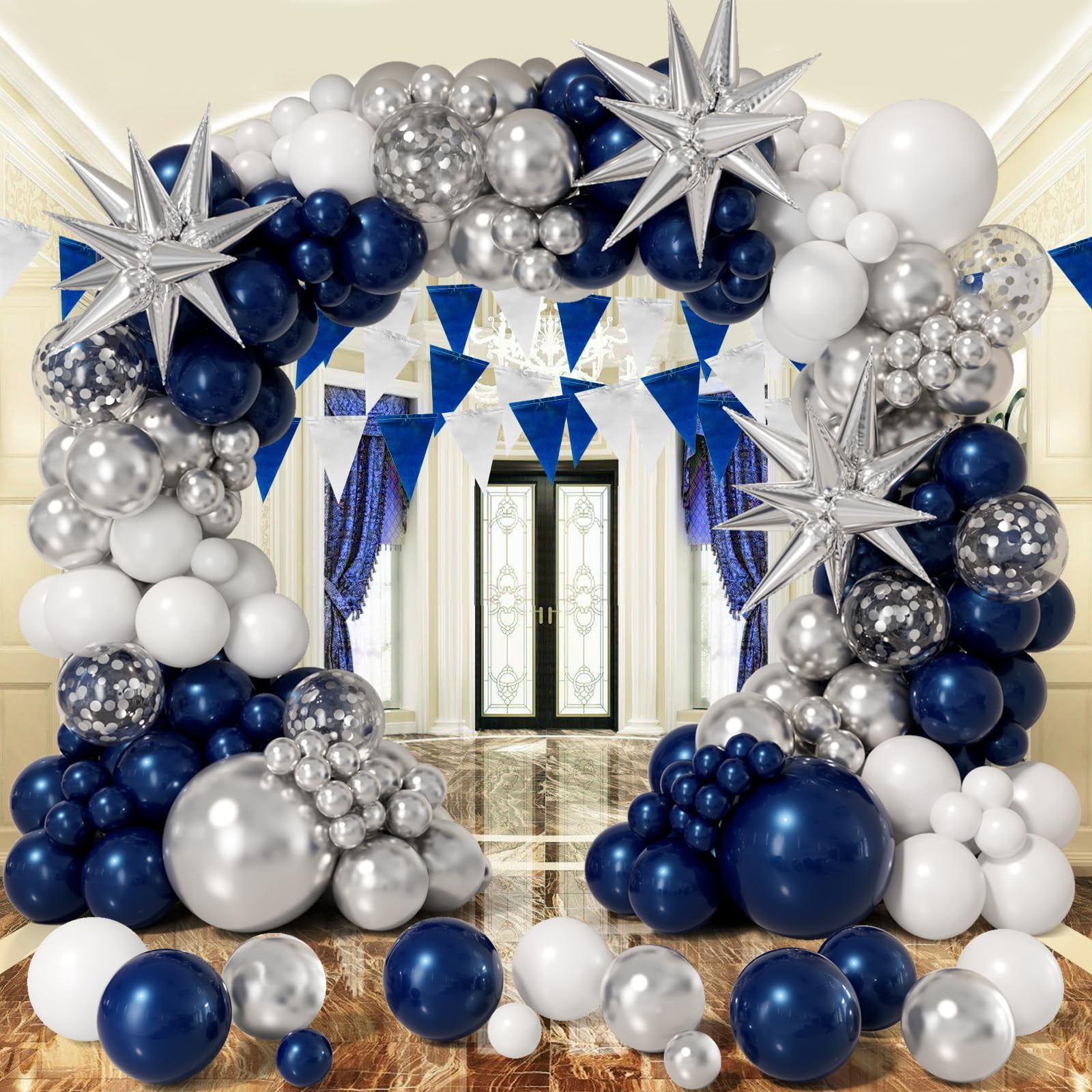Bonropin Navy Blue and DHF10 Silver Balloon Garland Arch Kit 158pcs with Blue White Silver ...