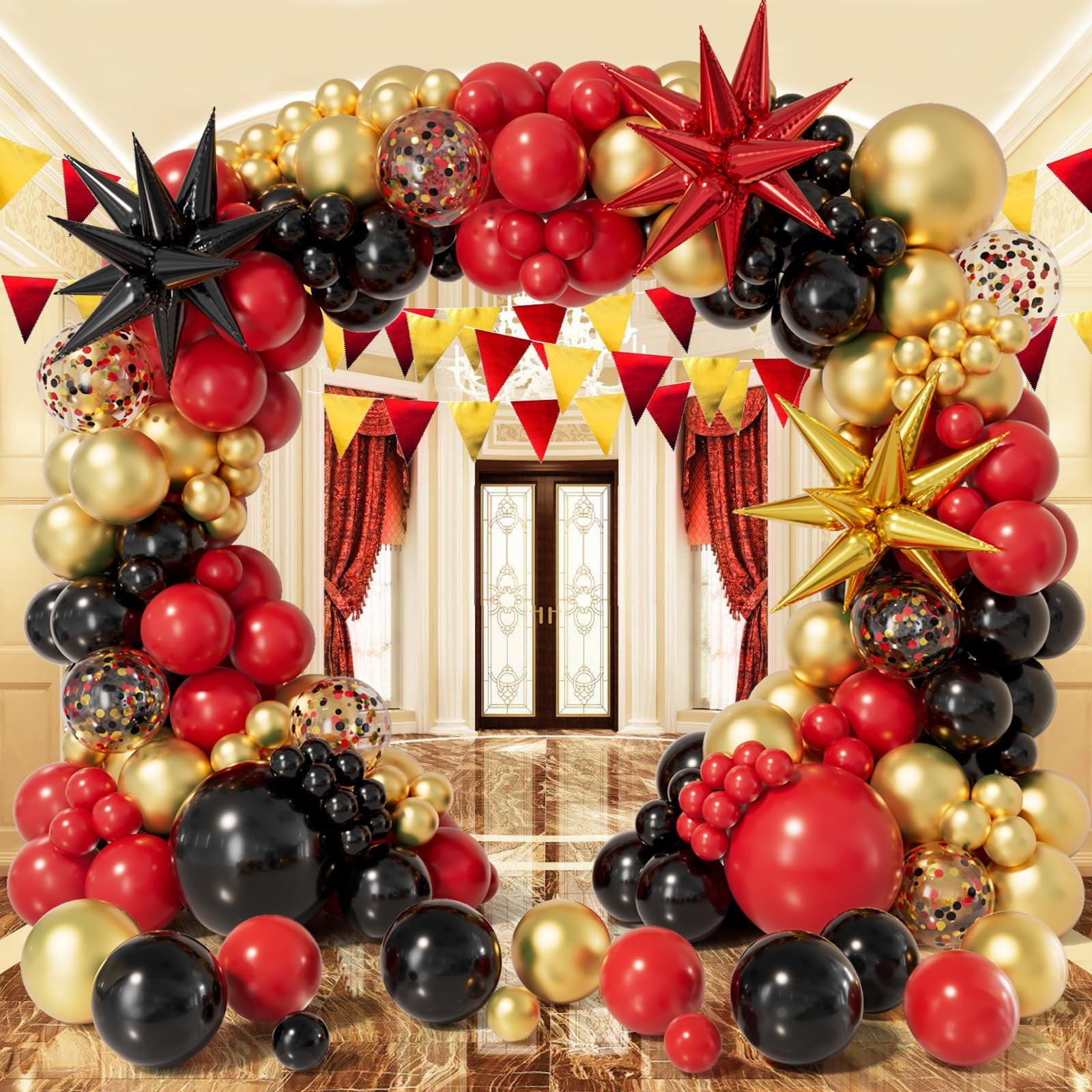 Bonropin Red Black Gold DHF10 Balloon Garland Arch Kit 158pcs with Red Black Gold Confetti ...