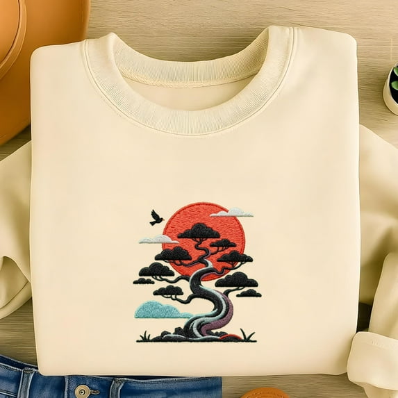 Bonsai Embroidery design file, tree, plants, flowers, red moon, machine ...