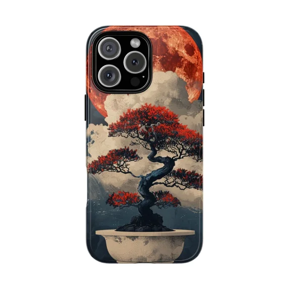 Bonsai Tree Under a Blood Moon Themed Phone Case for 17 16 15 14 13 12 ...