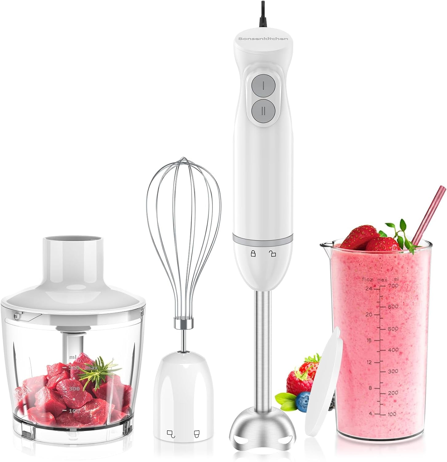 Bonsenkitchen Hand Blender, Immersion Blender with 2 Mixing Speed, 4-In ...