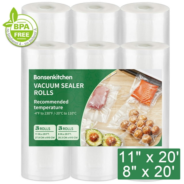 Bonsenkitchen Vacuum Sealer Bags for Food 6 Rolls (11" x 20' x 3 & 8" x ...