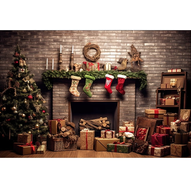 Bonvvie Christmas Backdrops Xmas Tree Gifts Fireplace Family Party ...