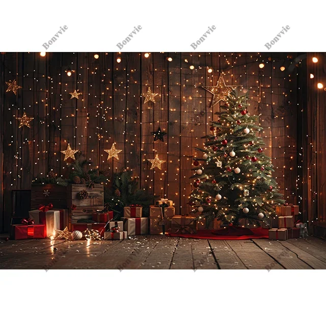 Bonvvie Merry Christmas Backdrop Xmas Tree Gifts Snowman Family Party r ...