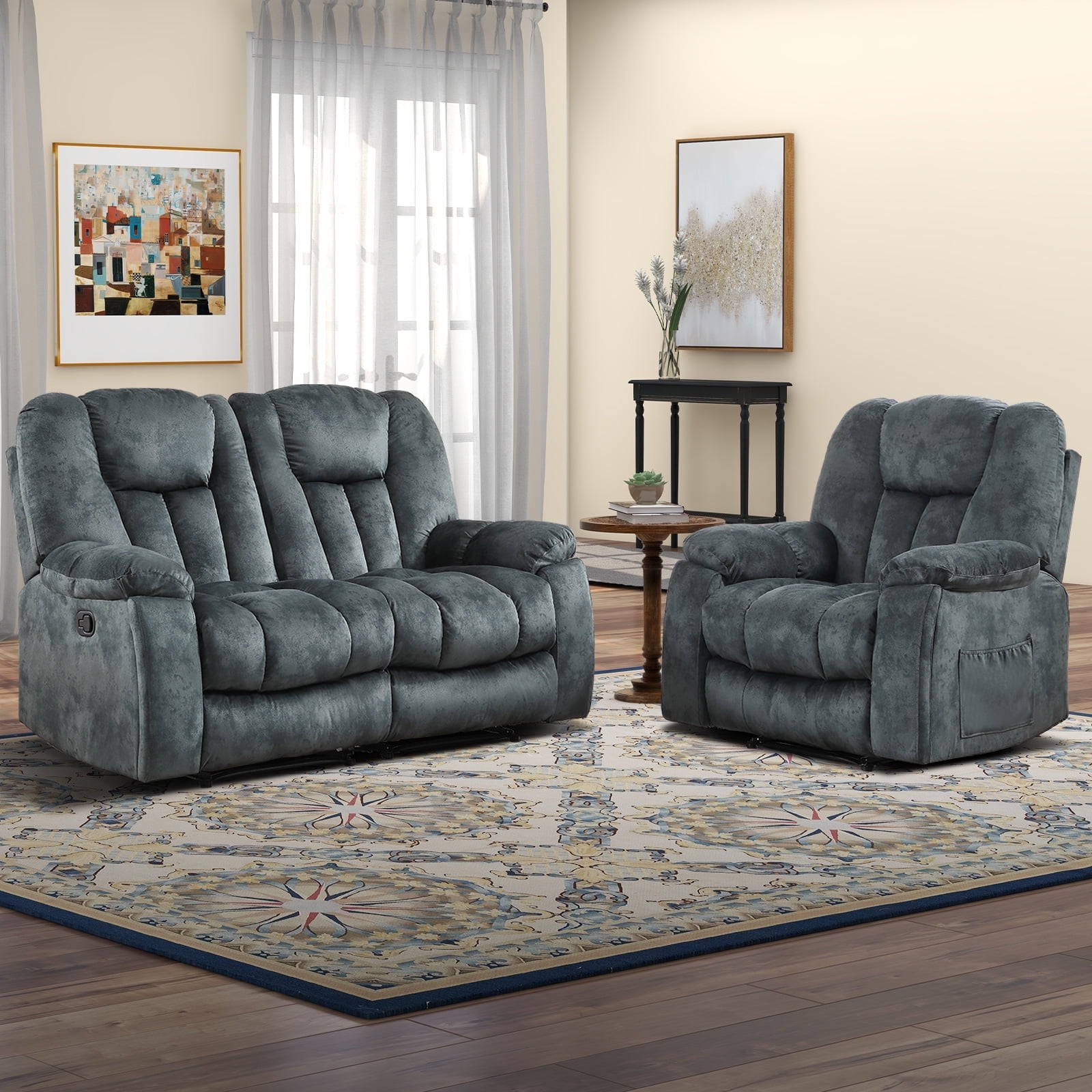 Bonzy Home 2 Piece Reclining Living Room Set, Soft Fabric Manual ...