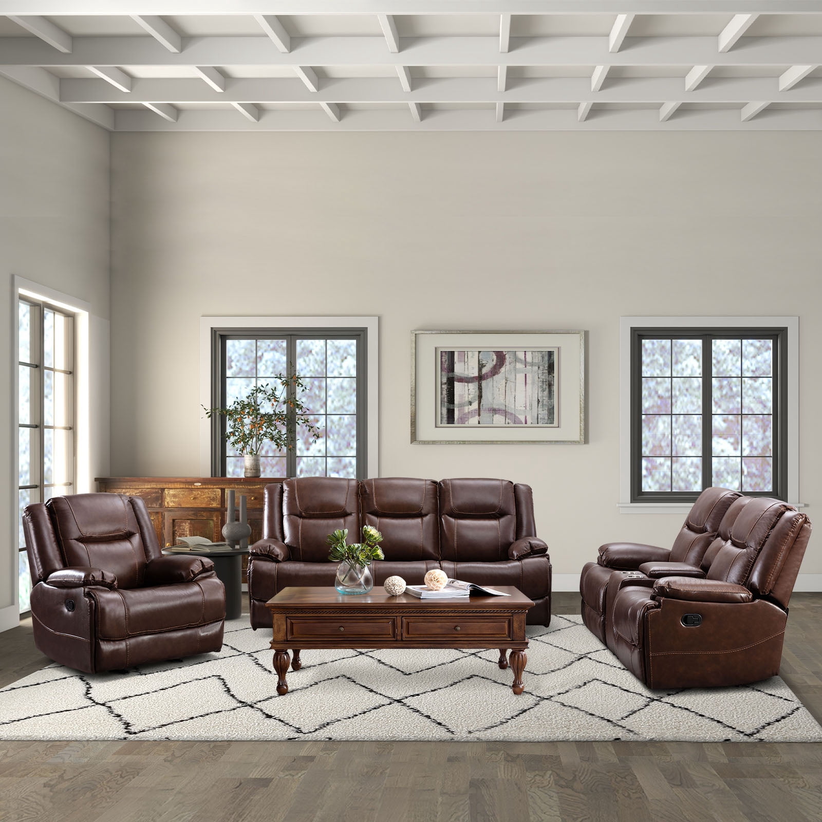 Bonzy Home 3-Piece Leather Recliner Living Room Set (1 Chair, 1 Double ...