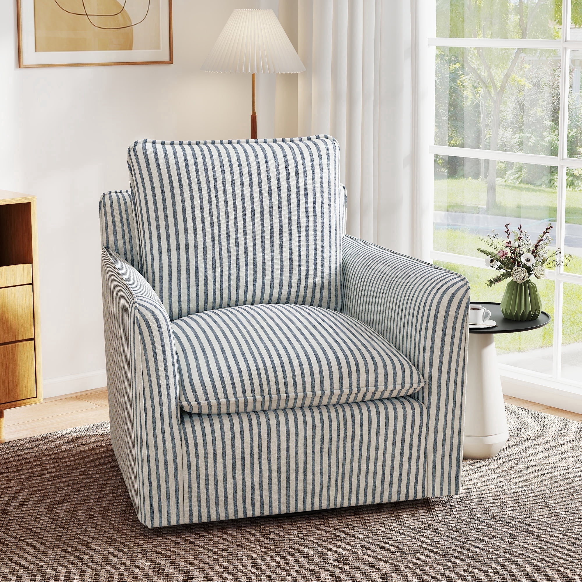 Bonzy Home 360° Swivel Chair with Thick Cushion – Blue Stripe Fabric ...