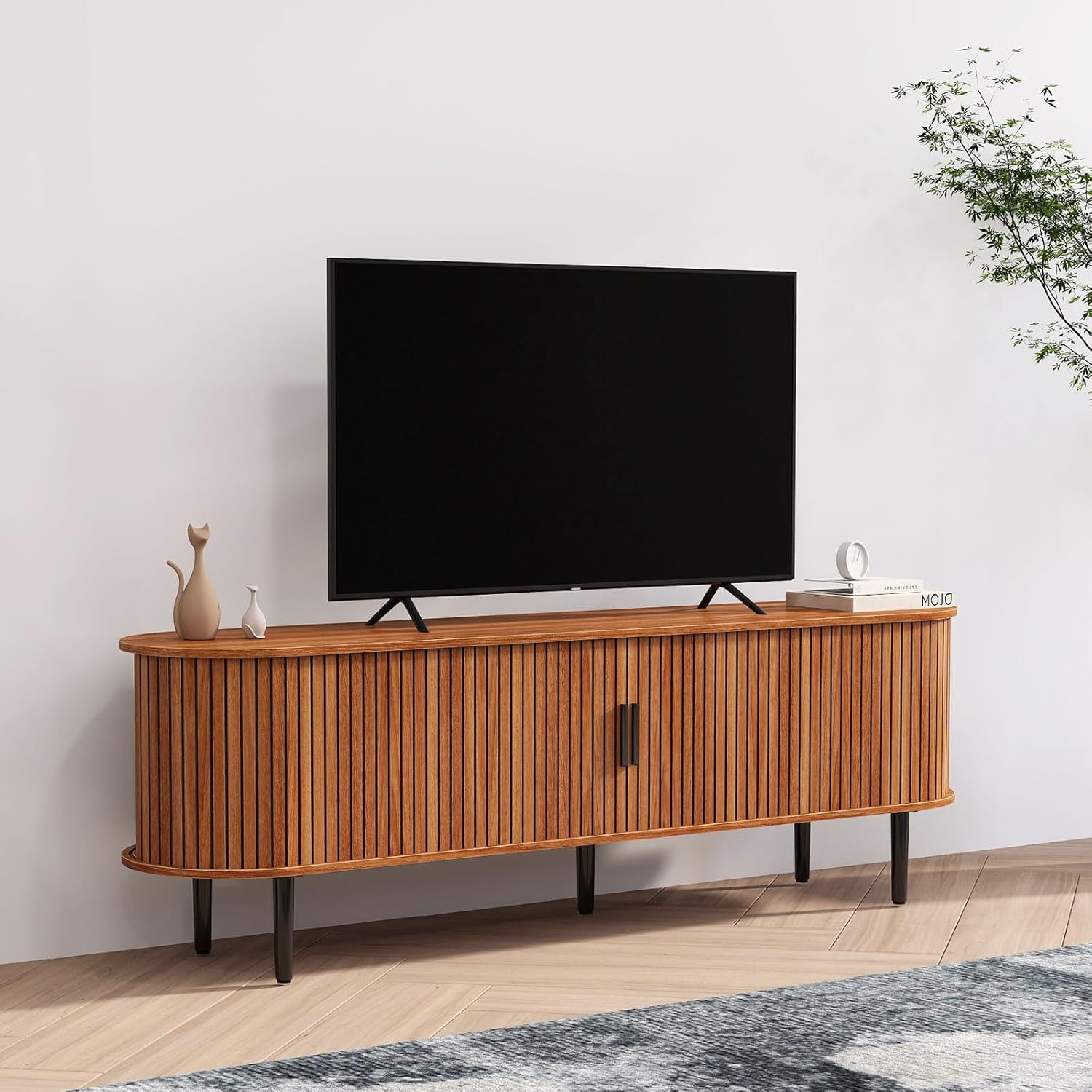 Bonzy Home 70" Mid Century Modern TV Stand, Walnut Tambour ...