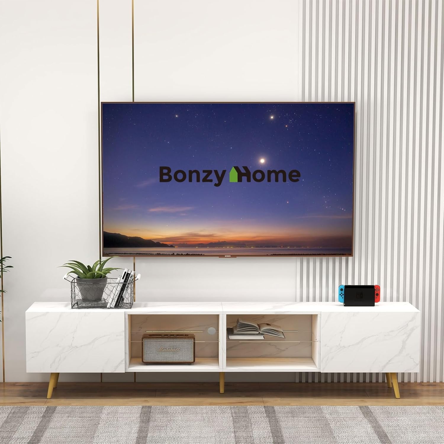 Bonzy Home 86" LED TV Stand, Modern Entertainment Center up to 75" TV, Television Console Table ...