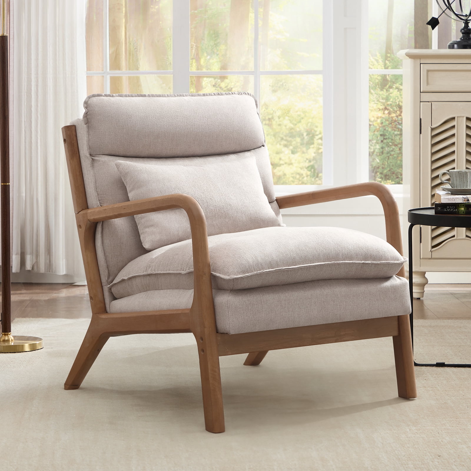Ebello, Mid Century Modern Accent Chair, Lumbar Cushion, Beige ...