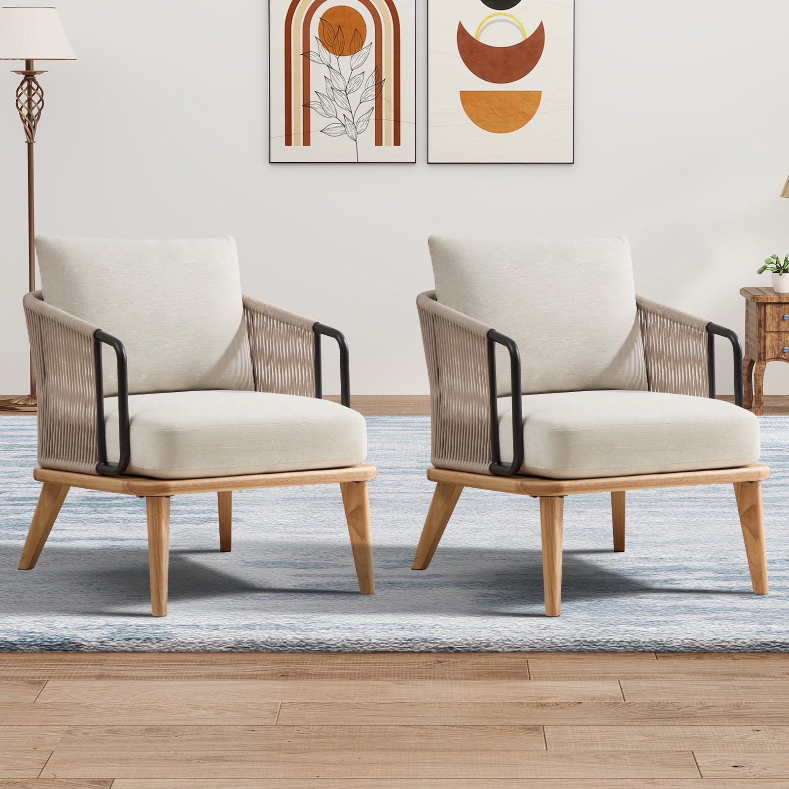 Bonzy Home Braid Accent Chair, Mid-Century Modern Armchair with Metal Armrests & Wood Frame ...