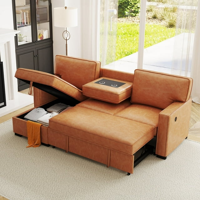 Bonzy Home Convertible Sleeper Sofa Pull Out Sofa Beds with Storage USB Ports Cup Holders Faux ...