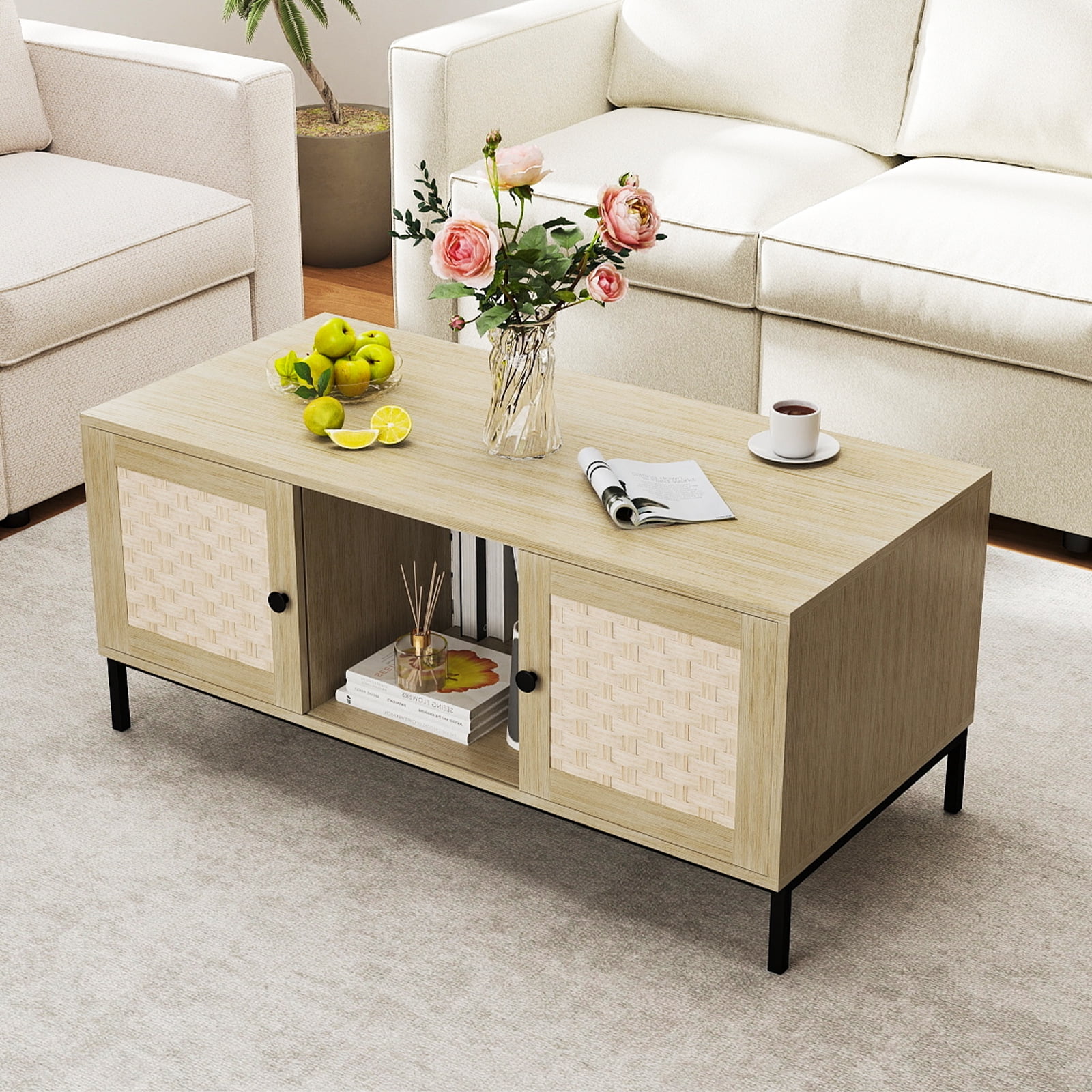 Bonzy Home End Table with Rattan Sliding Doors, Mid Century Modern ...
