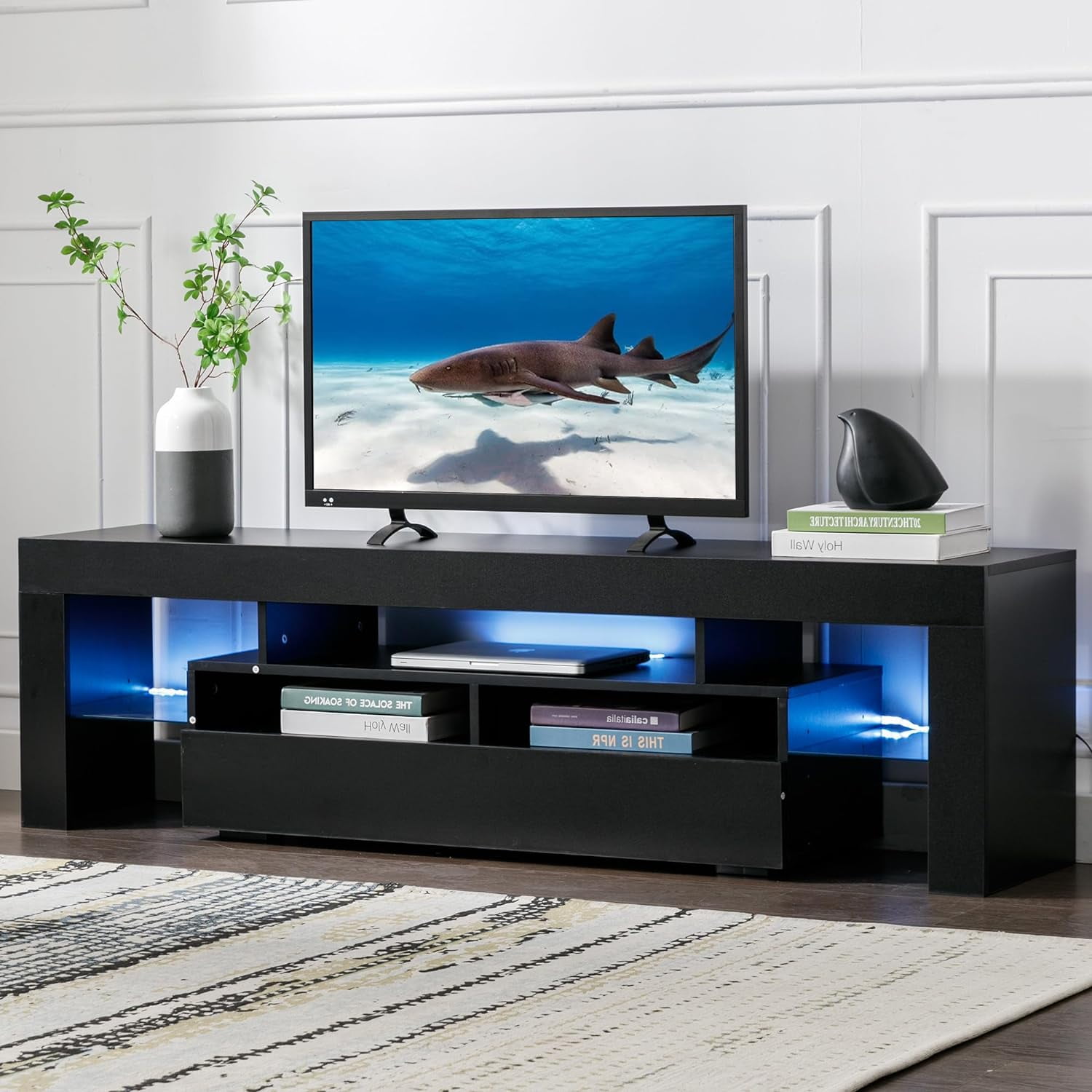 Bonzy Home LED TV Stand for 70 Inch TV, Black Entertainment Center with ...