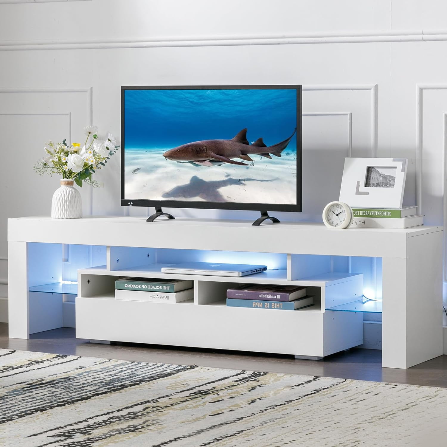 Bonzy Home LED TV Stand for 70 Inch TV, White Entertainment Center with ...