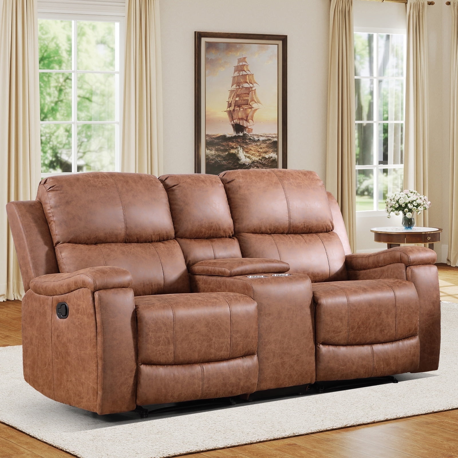 Bonzy Home Manual Reclining Chair Double Loveseat Sofa with Console ...