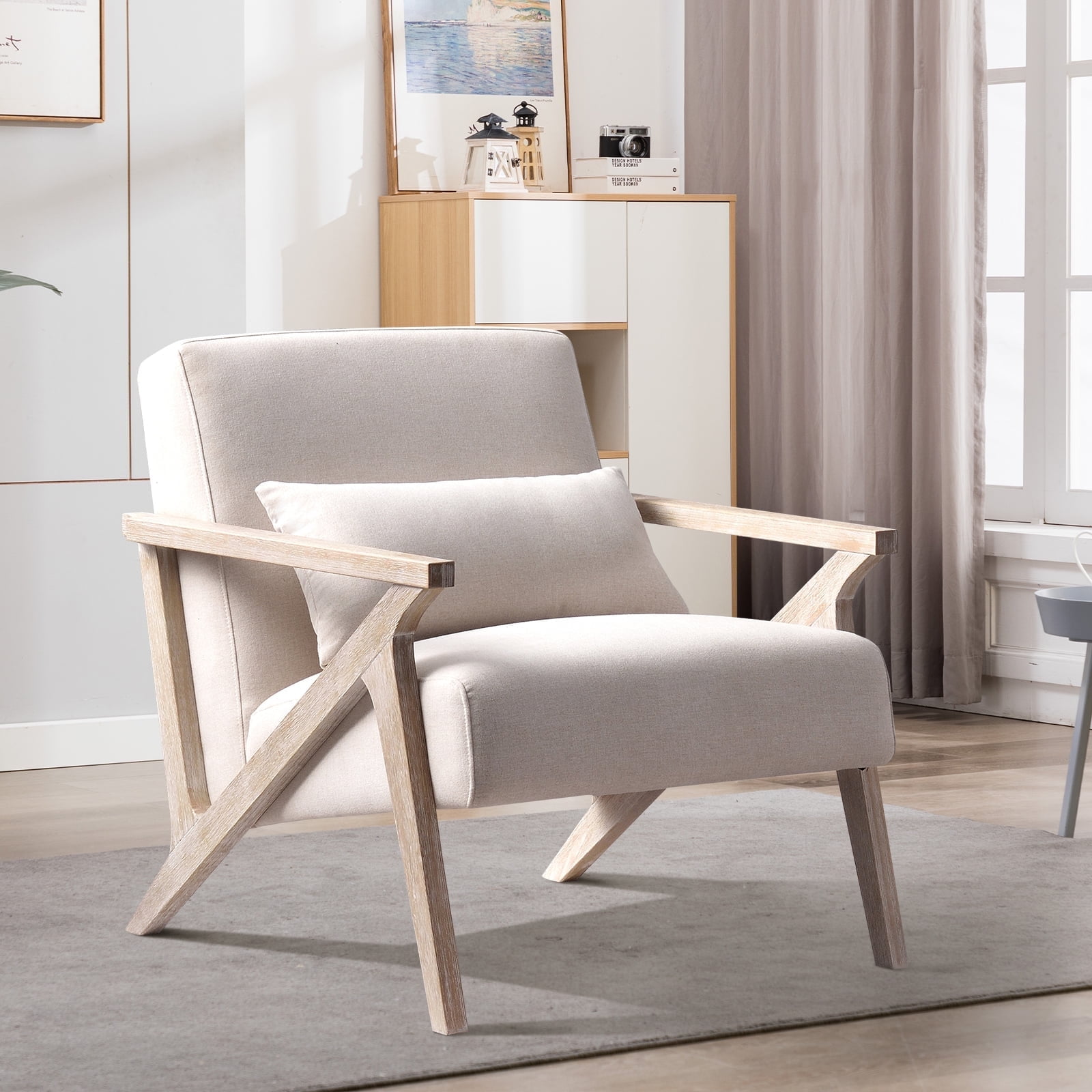 Bonzy Home Mid Century Modern Accent Chair, Upholstered Armchair with Lumbar Pillow, Beige ...