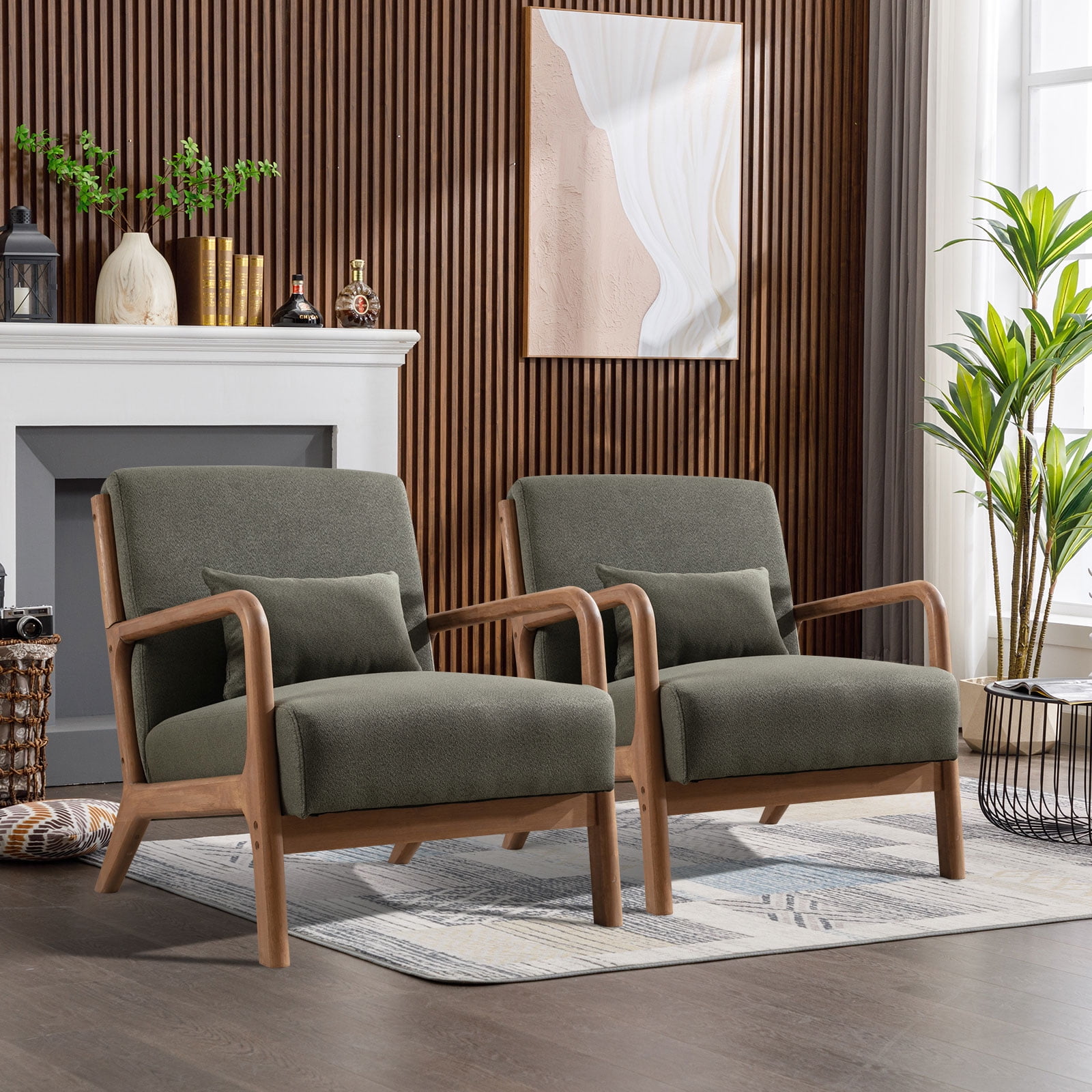 Bonzy Home Mid Century Modern Accent Chair, Single Fabric Lounge Reading Armchair with Solid ...