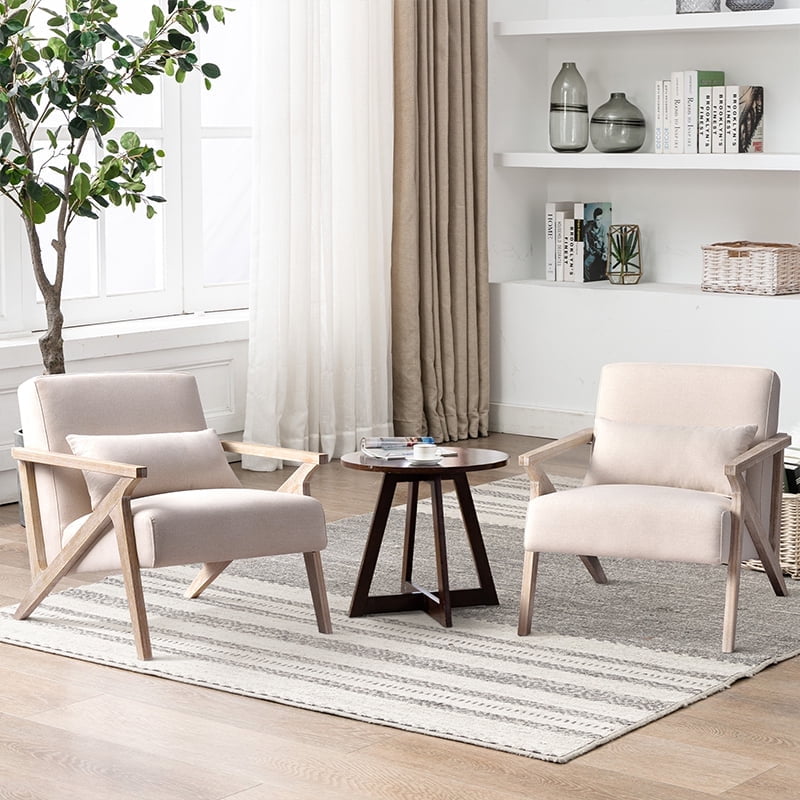 Bonzy Home Mid Century Modern Wooden Frame Arm Chair with Solid Wood Frame, Beige - Walmart.com