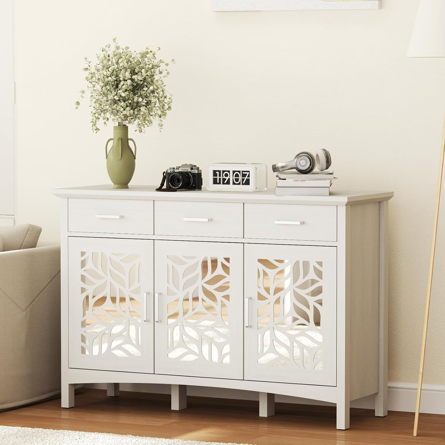 Bonzy Home Modern White Mirror Sideboard Cabinet with Laser-Cut Leaf ...