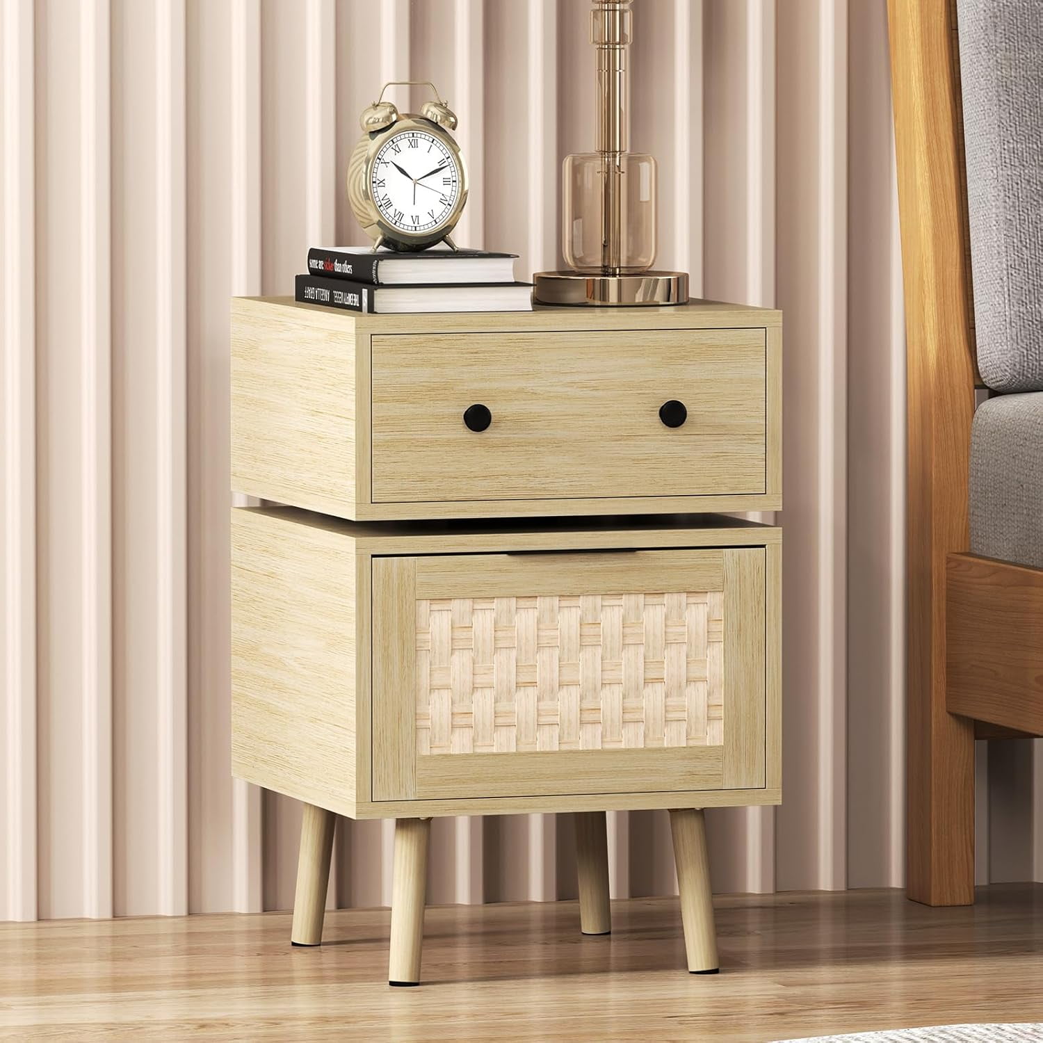 Bonzy Home Rotating Nightstand with Woven Doors, 23" Tall Modern End ...