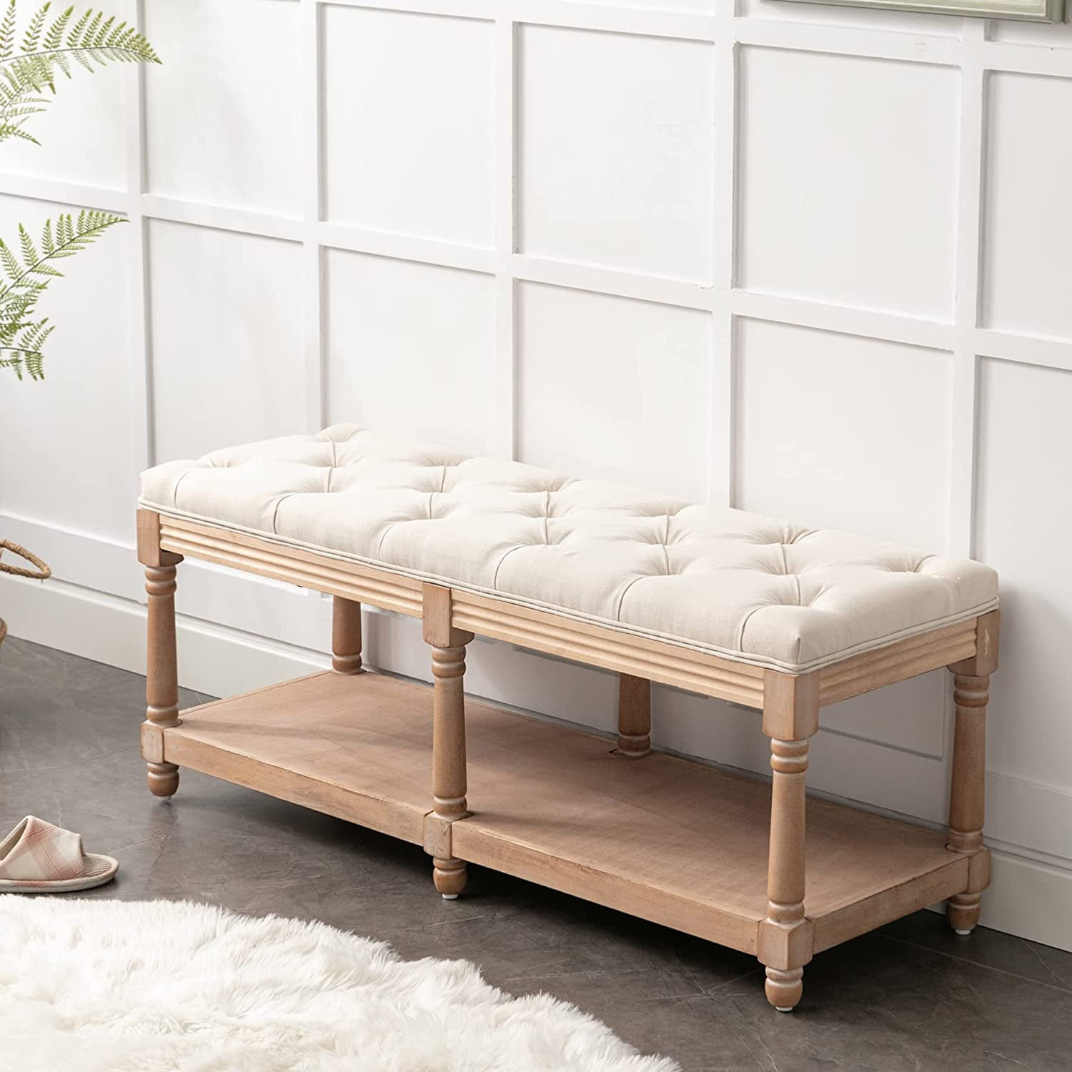 Bonzy Home Tufted Extra-Long Entryway Bench with Shoe Storage, 45 ...