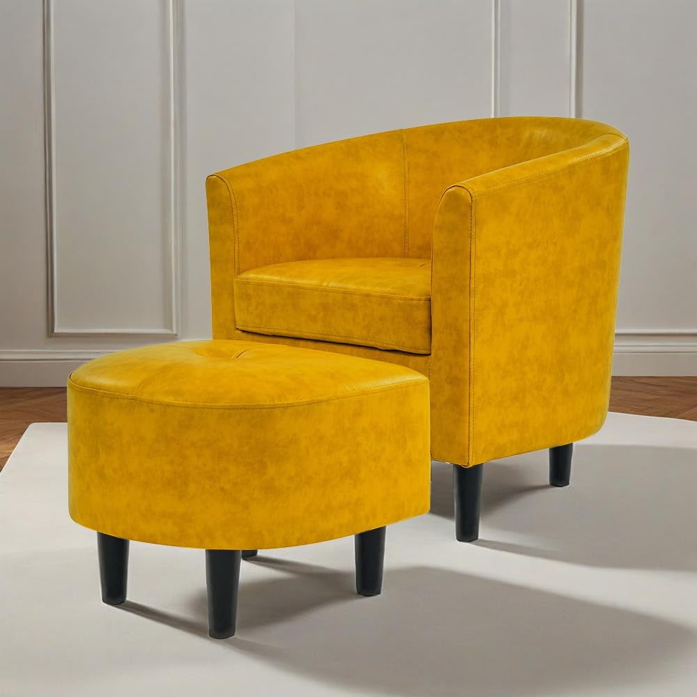 Bonzy Home Yellow Club Chair with Ottoman Set, PU Leather Accent Chair ...
