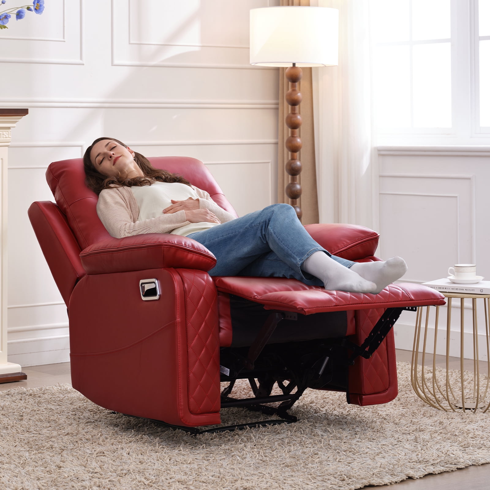 BonzyHome Red Single Seater Manual Overstuffed PU Leather Recliner ...