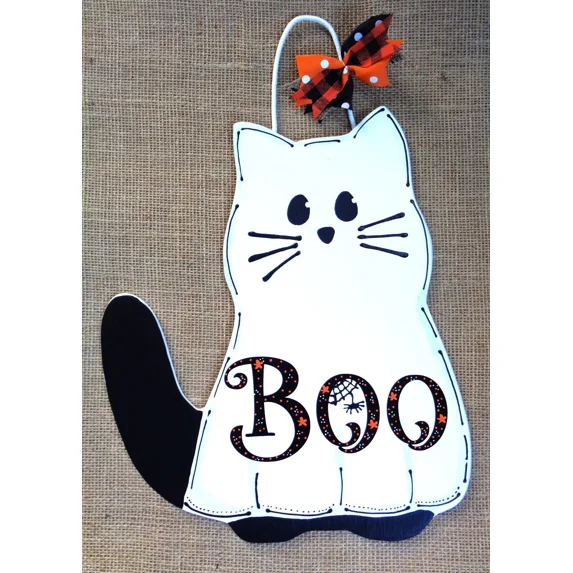 Boo Black Cat Ghost Halloween Sign Plaque Wall Decor Door Hanger Autumn ...