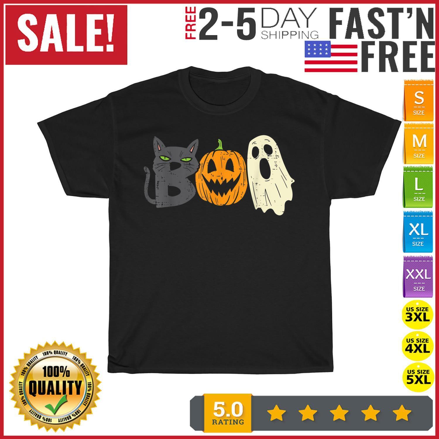 Boo Black Cat Pumpkin Cat Funny Halloween Women Girls Vintage T Shirt ...