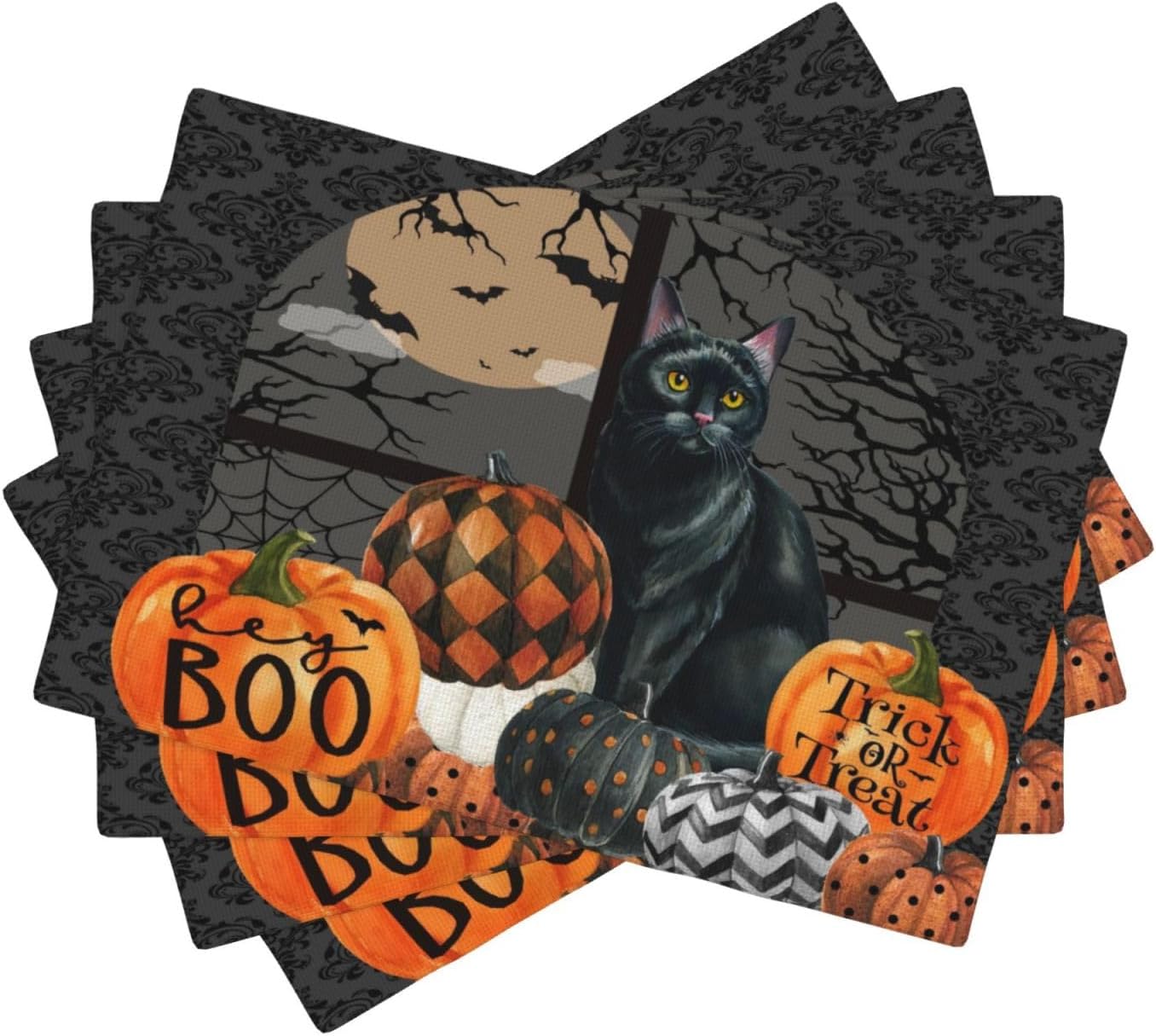 Boo Black Cat Pumpkins Halloween Placemats Gothic Dark Damask Bat ...