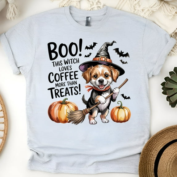 Boo Coffee Witch Dog T-Shirt | Cute Puppy Graphic Tee for Coffee Lovers ...