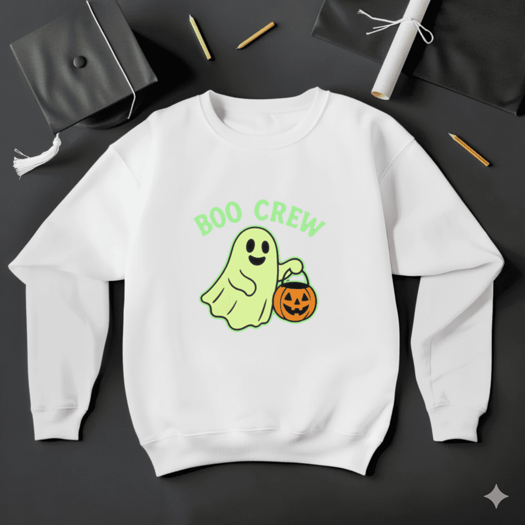 Boo Crew Friendly Ghost Holding Candy Cute Halloween Art Sweatshirt, up ...