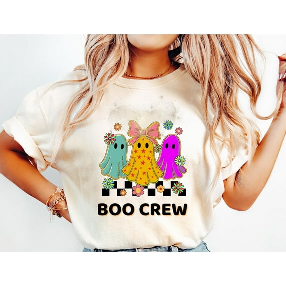 Boo Crew Tee, Colorful Cute Ghosts with Flowers Graphic Shirt, Retro ...