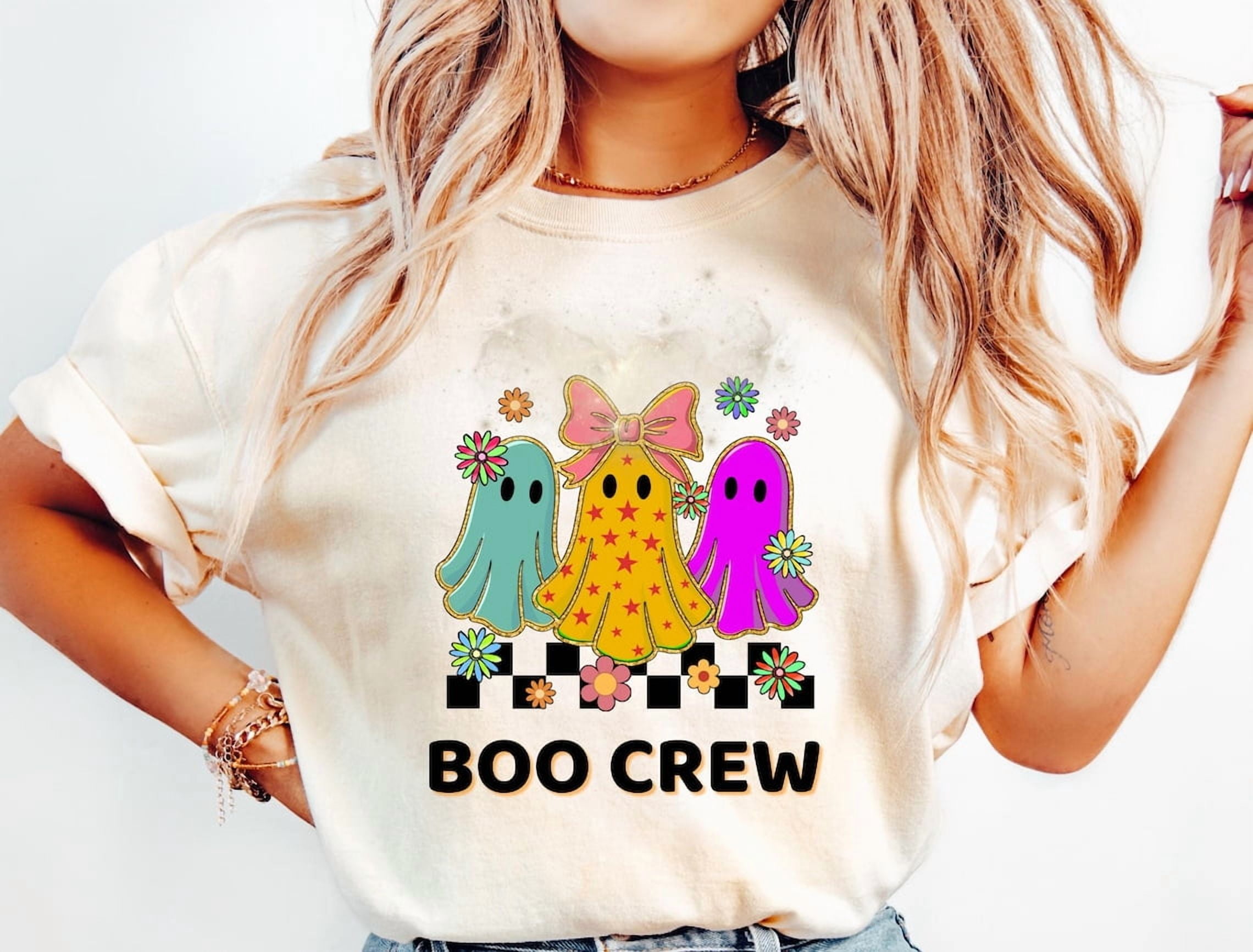 Boo Crew Tee, Colorful Cute Ghosts with Flowers Graphic Shirt, Retro ...