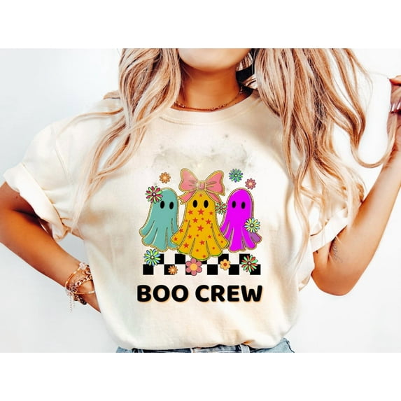 Boo Crew Tee, Colorful Cute Ghosts with Flowers Graphic Shirt, Retro ...