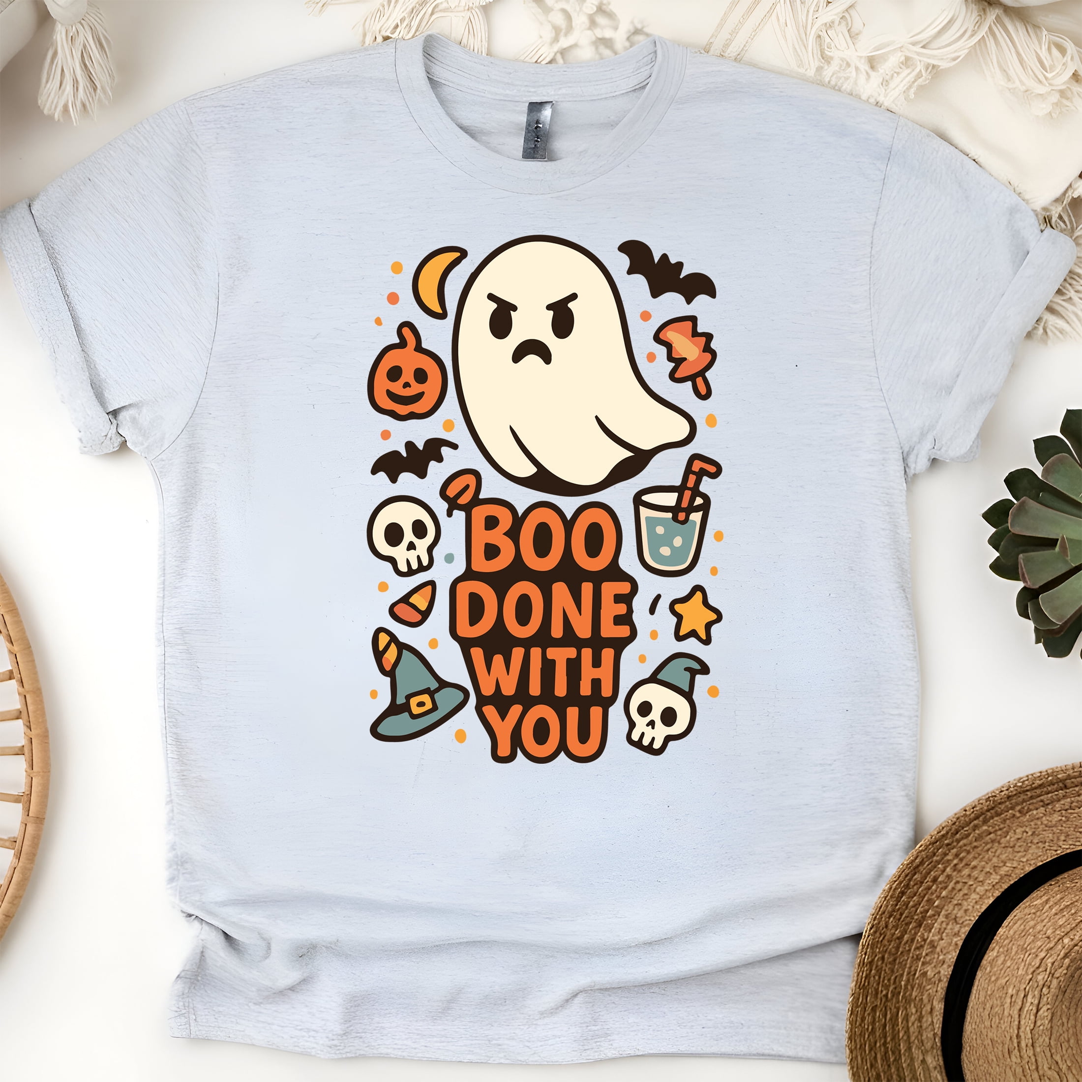 Boo Done With You Graphic Tee Funny Ghost Skull Pumpkin Shirt, Ash ...
