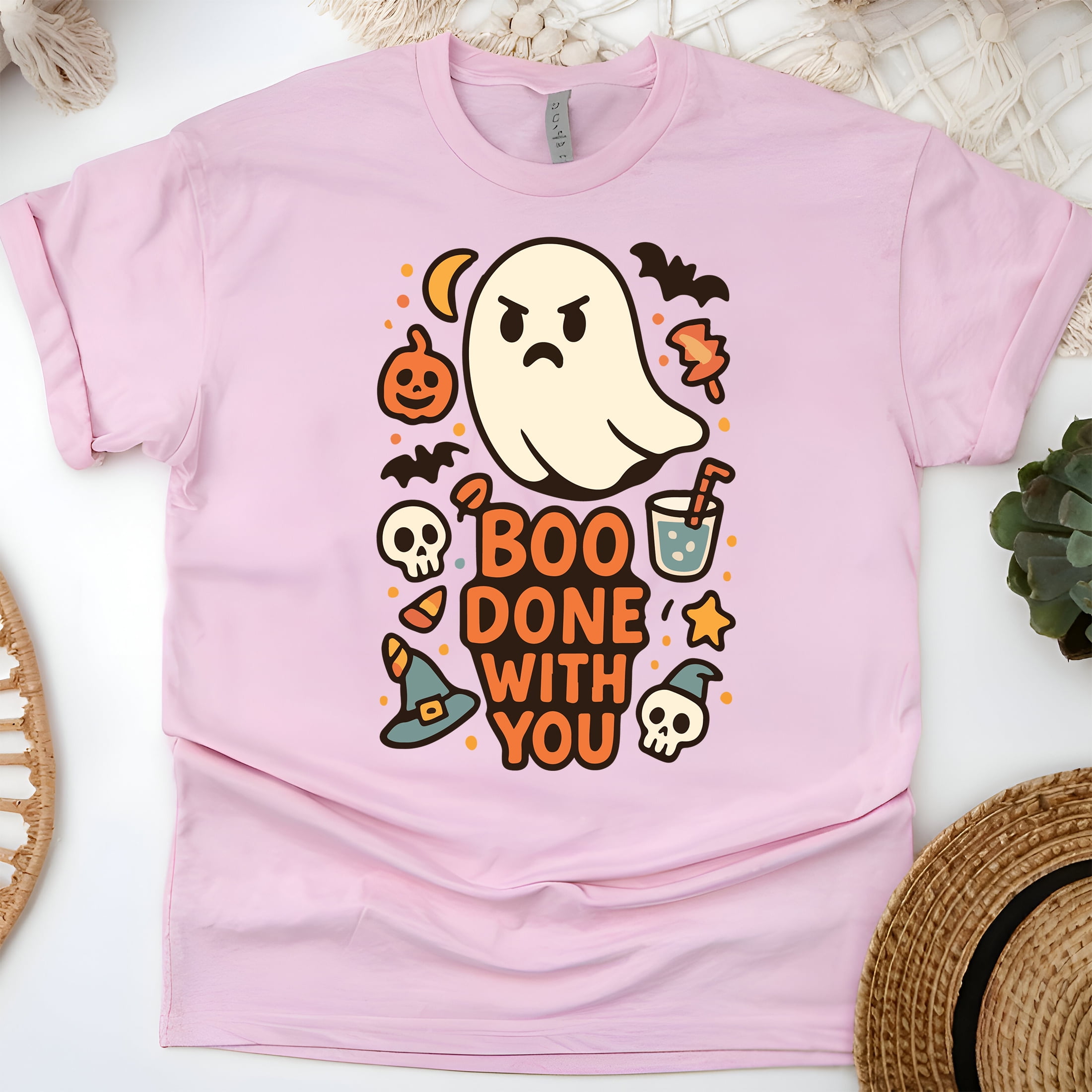 Boo Done With You Graphic Tee Funny Ghost Skull Pumpkin Shirt, Light ...