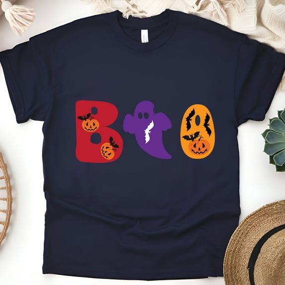 Boo Ghost Halloween Shirt | Cute Pumpkin and Bat Graphic Tee, Navy ...