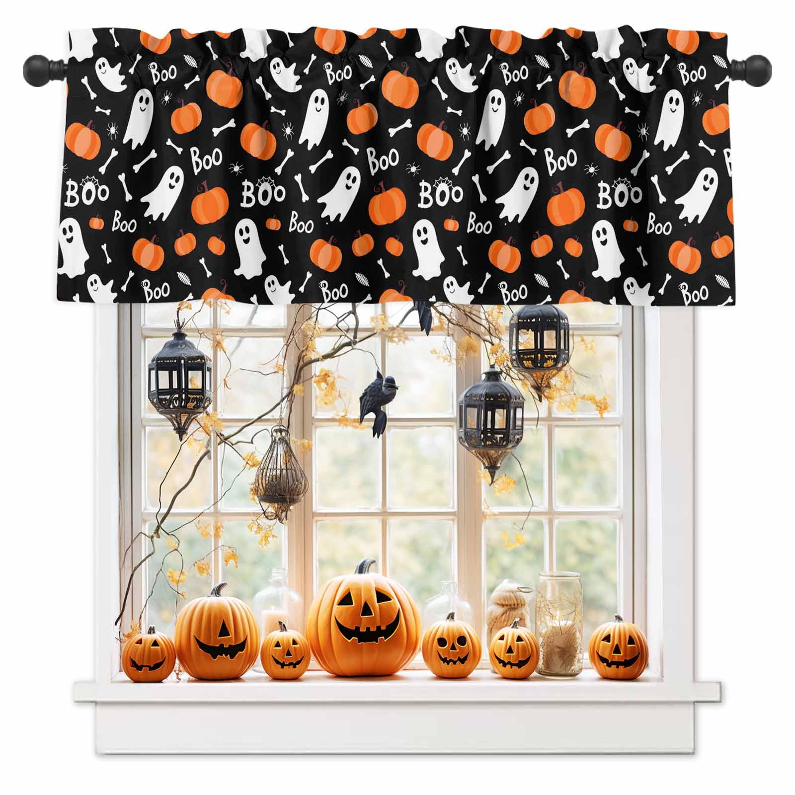 Boo Ghost Halloween Valances for Windows, Rod Pocket Kitchen Valance ...