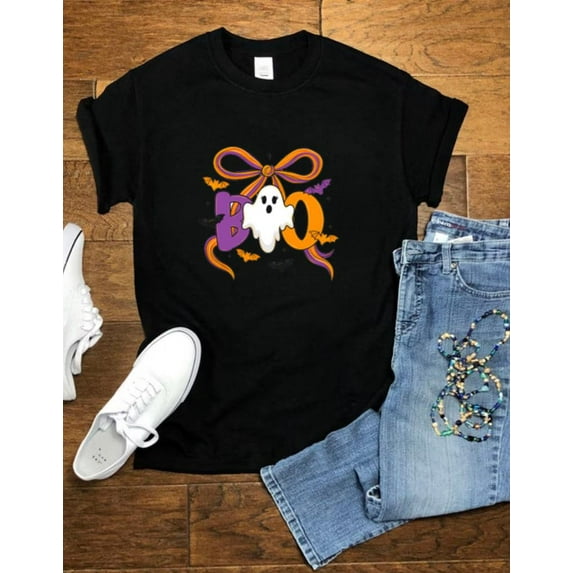 Boo Ghost With Ribbon Bats Cute Halloween Creepy Season Autumn Unisex T ...
